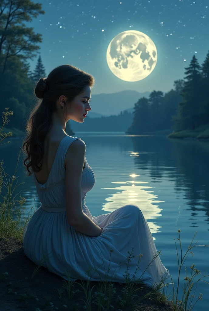 A beautiful european girl sitting near the rever cost under beautiful ...