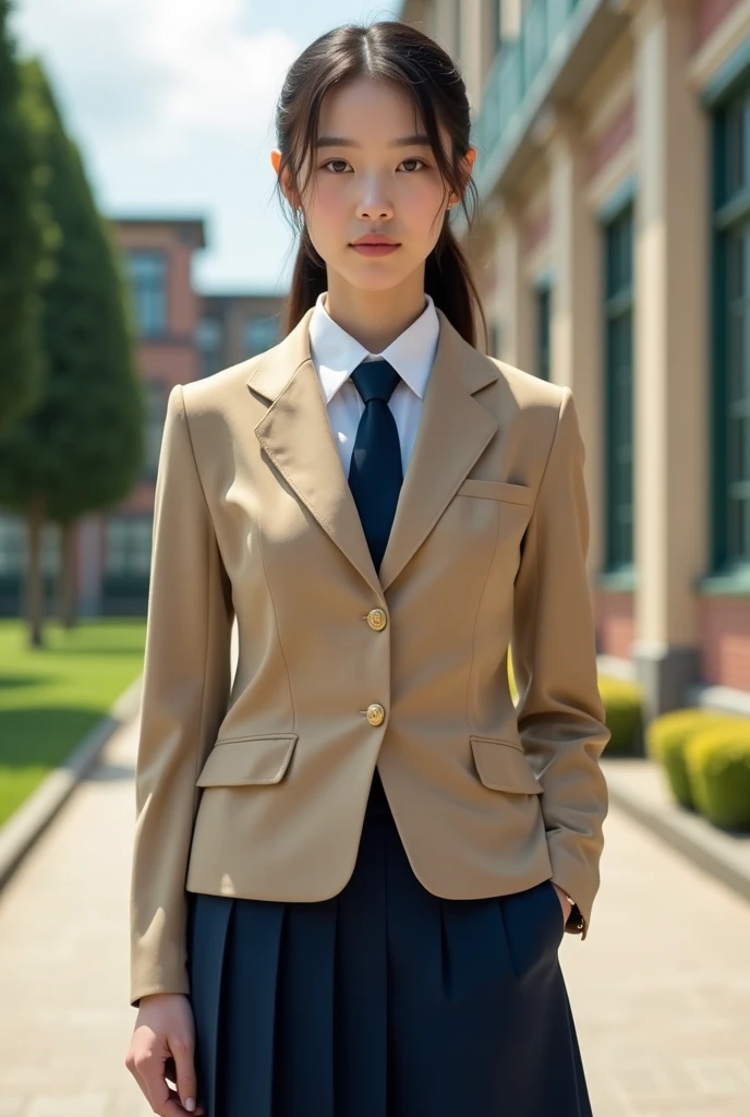 An image of a public school uniform in beige and navy blue colors ...