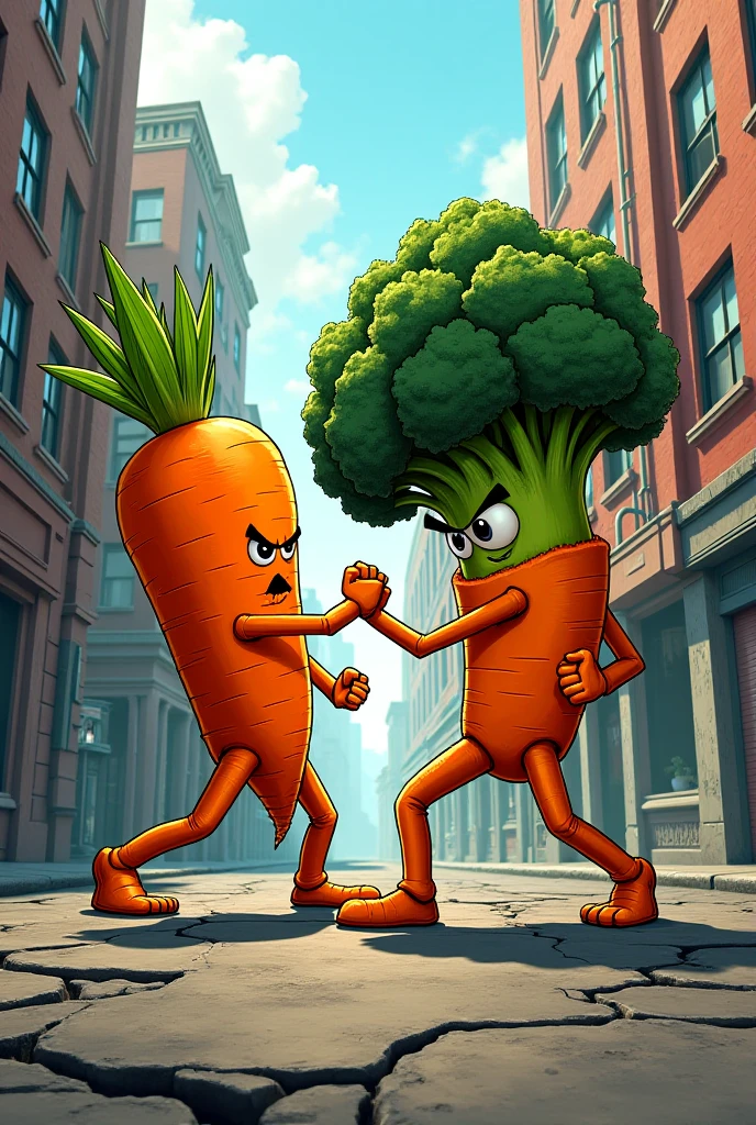Carrot attacked by broccoli street fight - SeaArt AI