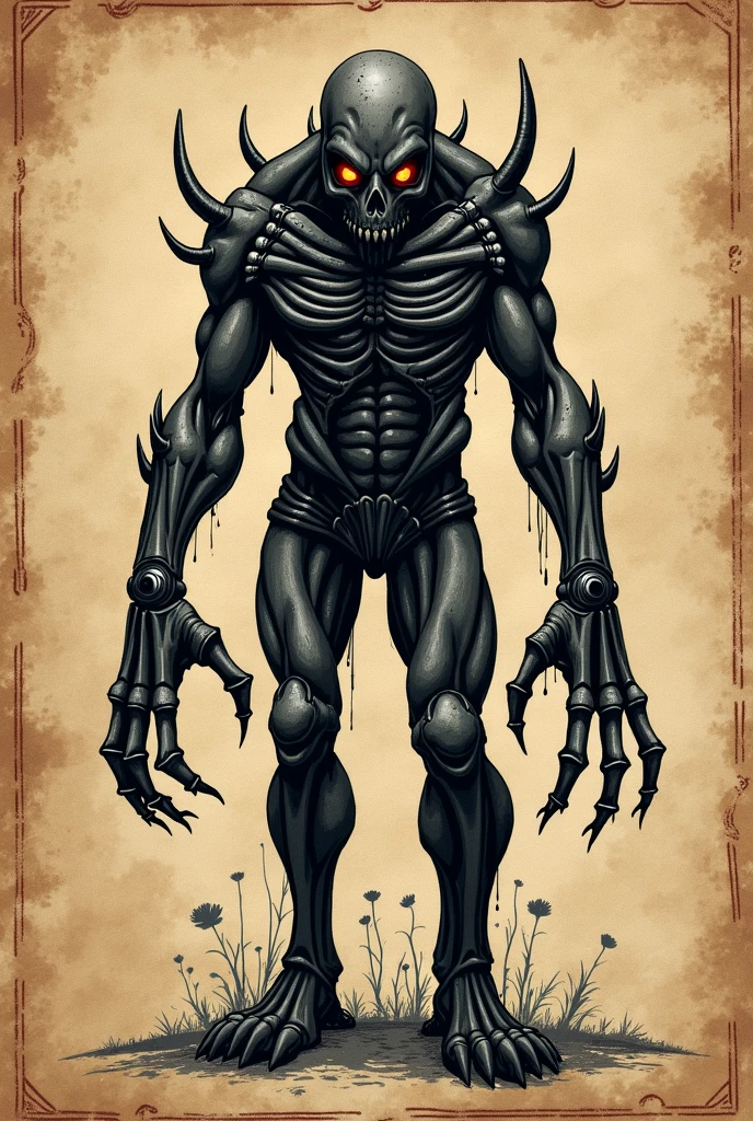 Outlined on an ancient ink-stained scroll,A tall, muscular and humanoid ...