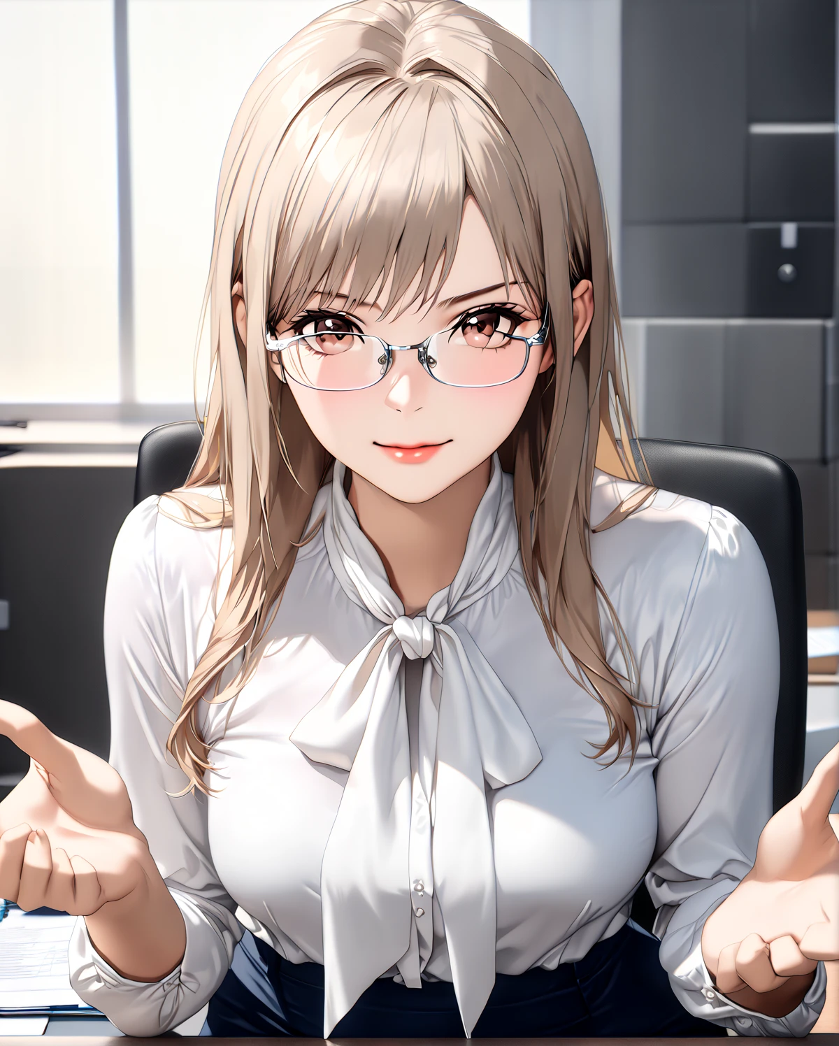 Bow blouse, anime - style image, a woman sitting on a chair in the ...