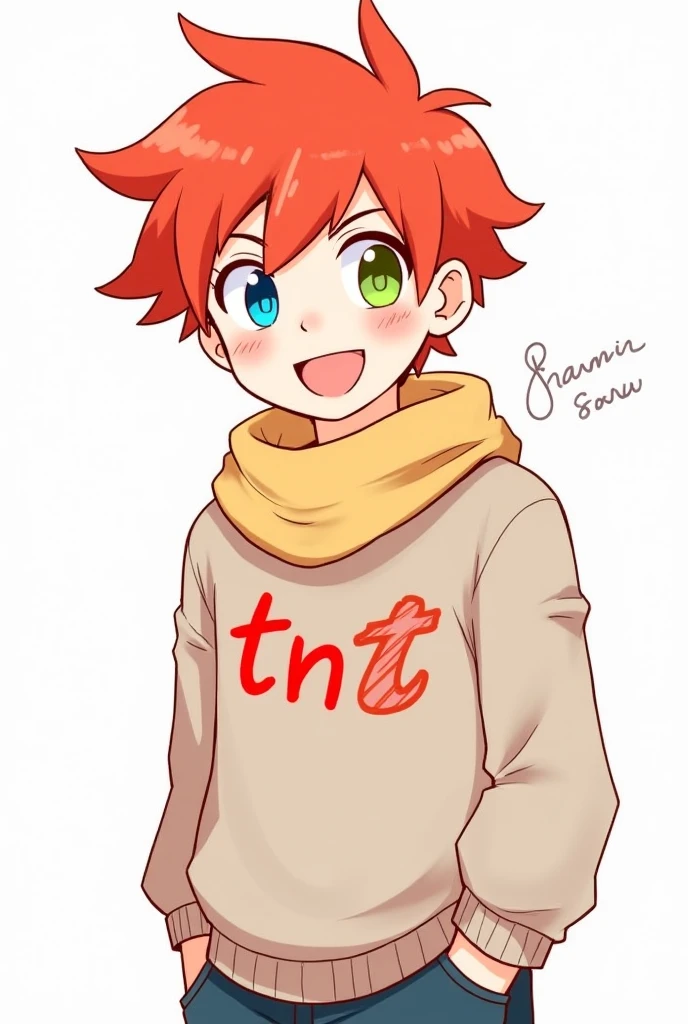 Smiling sketch-style boy who has a scarf a sweater that says tnt that ...