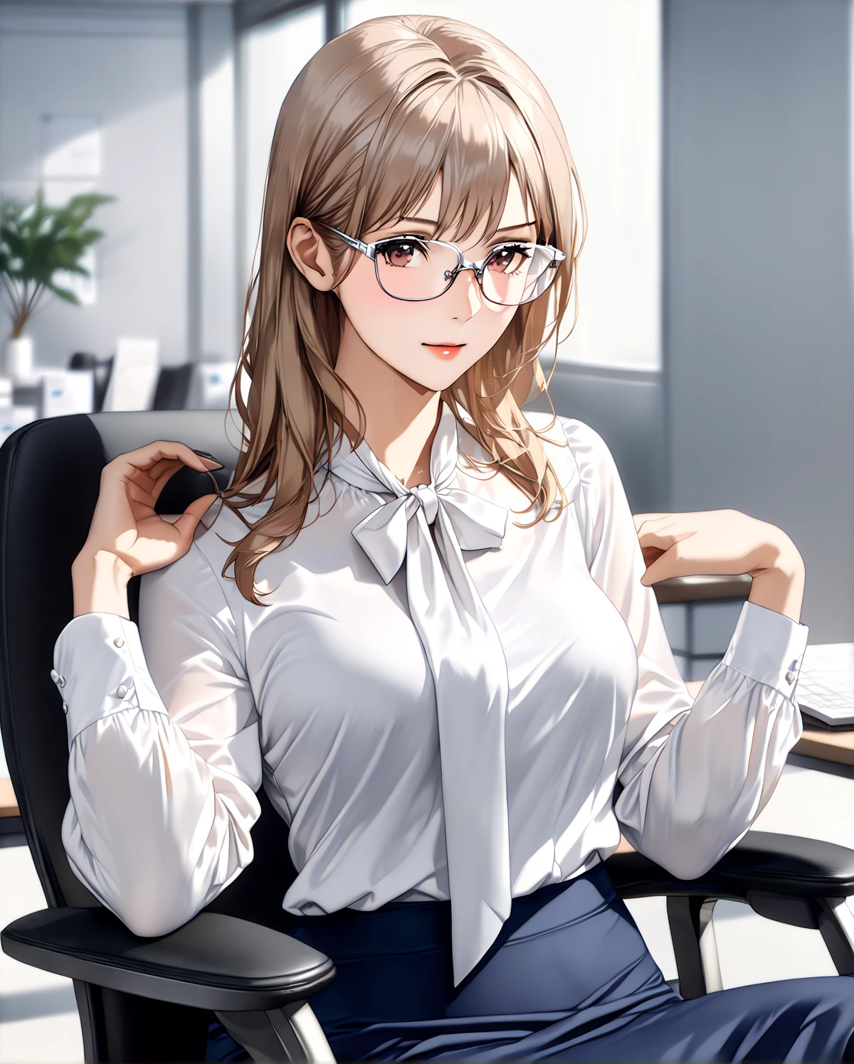 Bow blouse, ., anime - style image, a woman sitting on a chair in the ...
