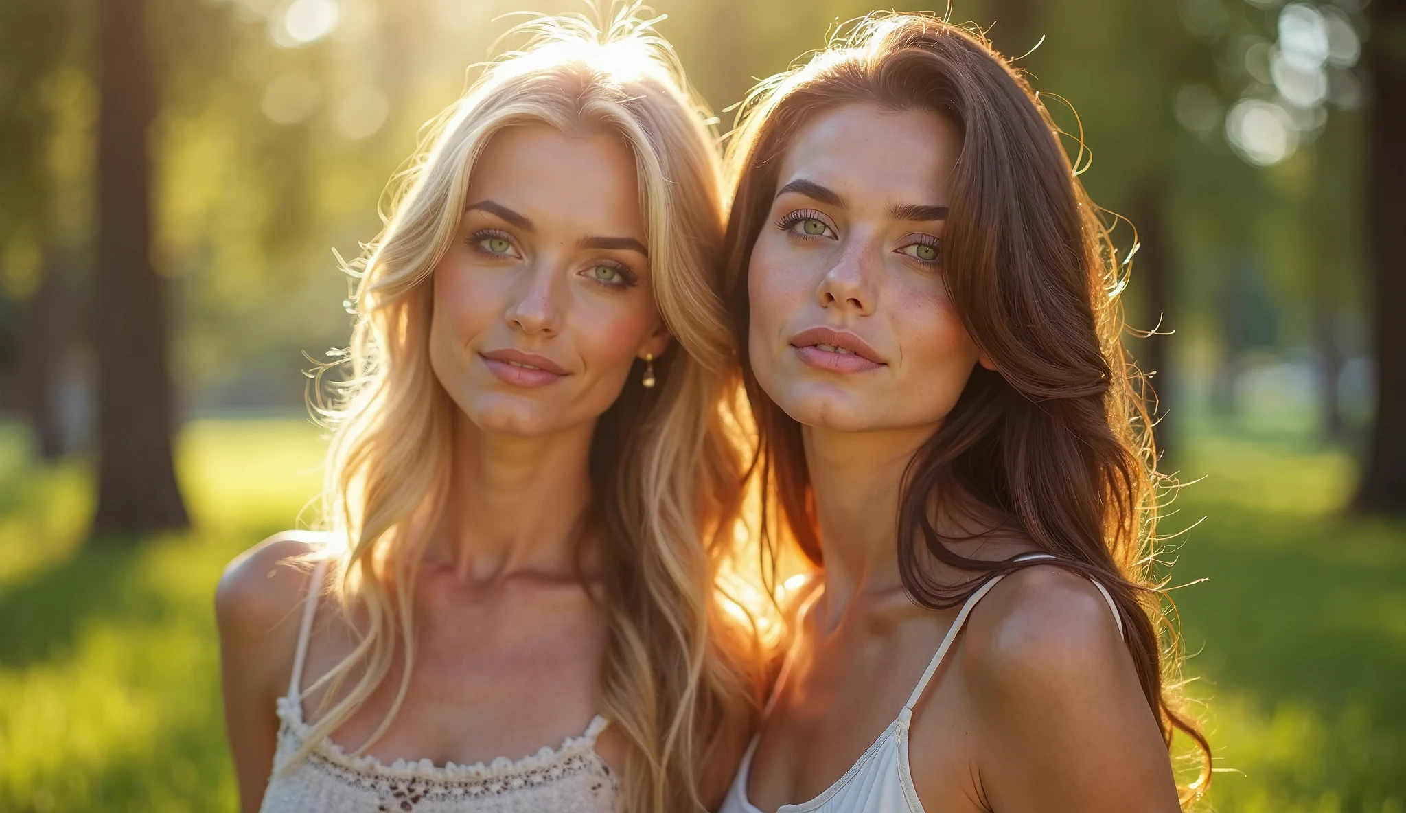 Two beautiful women standing next to each other in a park - SeaArt AI