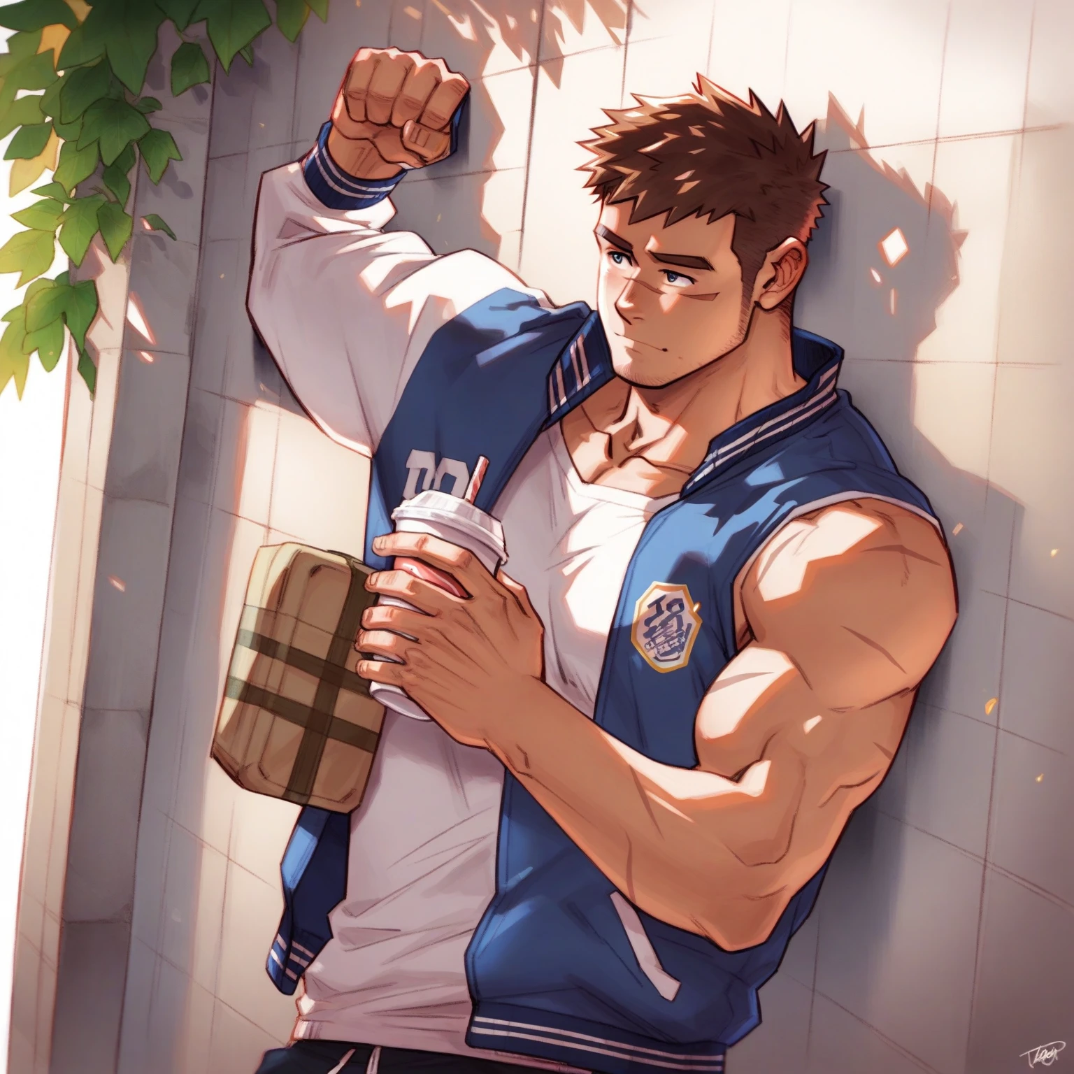 (score_9, score_8_up, score_7_up), 1boy, bara, solo, biceps, brown hair - SeaArt AI