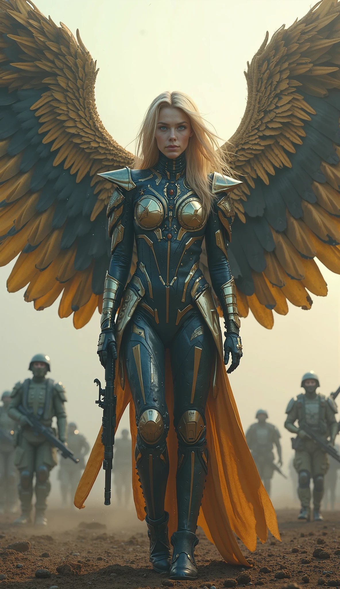 Arafed image of a woman in armor with a sword and a large wing - SeaArt AI