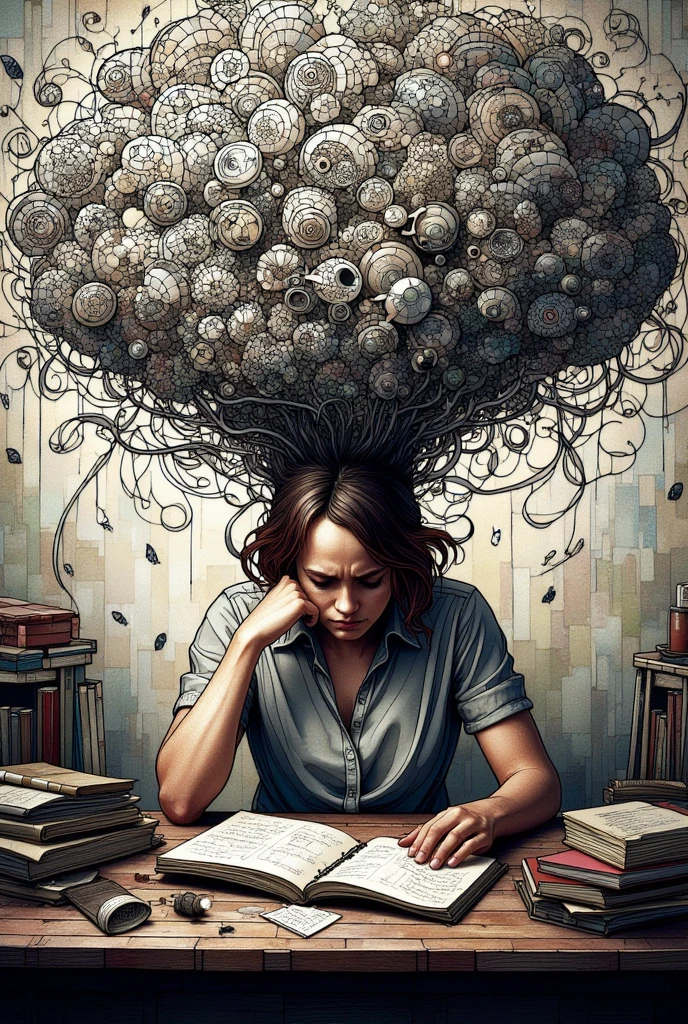 Create an image of a worried person sitting in a dimly lit, cluttered ...