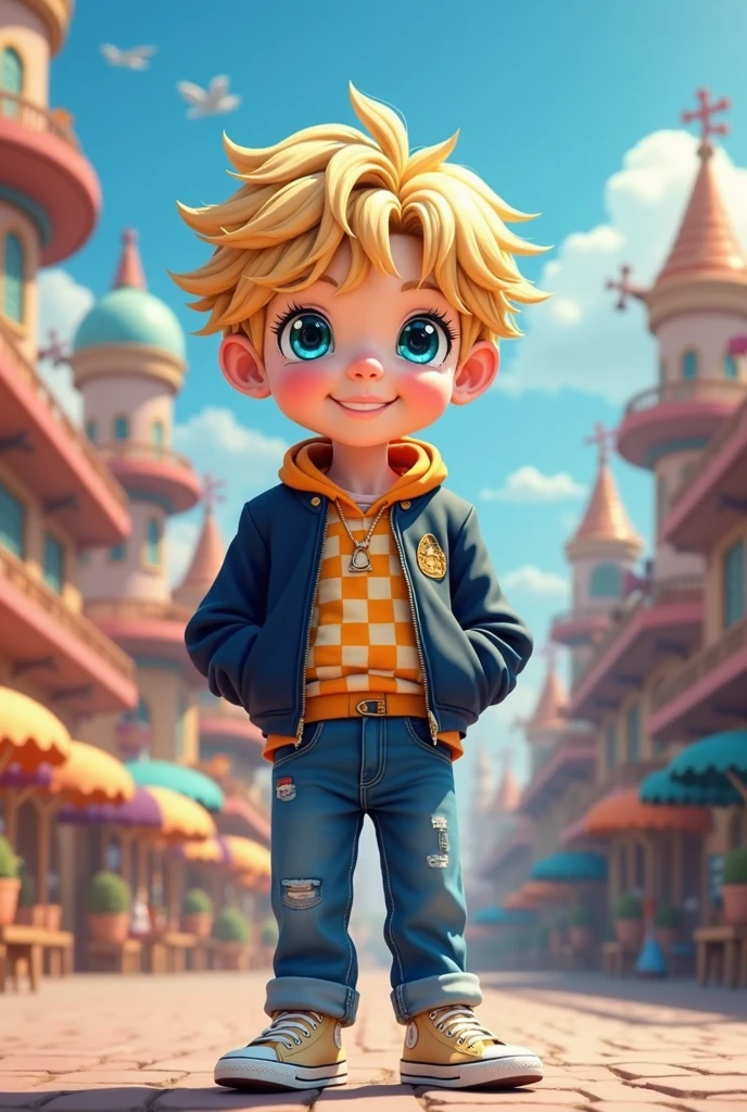boy with blond hair, , blue eyes, dress with jeans, Vichy shirt - SeaArt AI