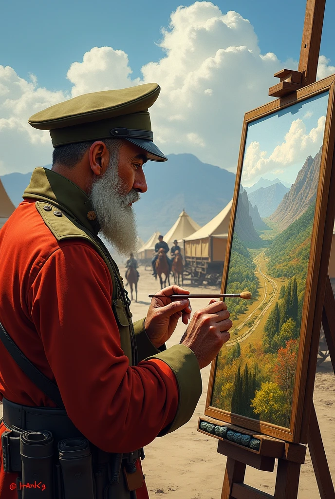 Design an Ottoman military animation character drawing a landscape ...