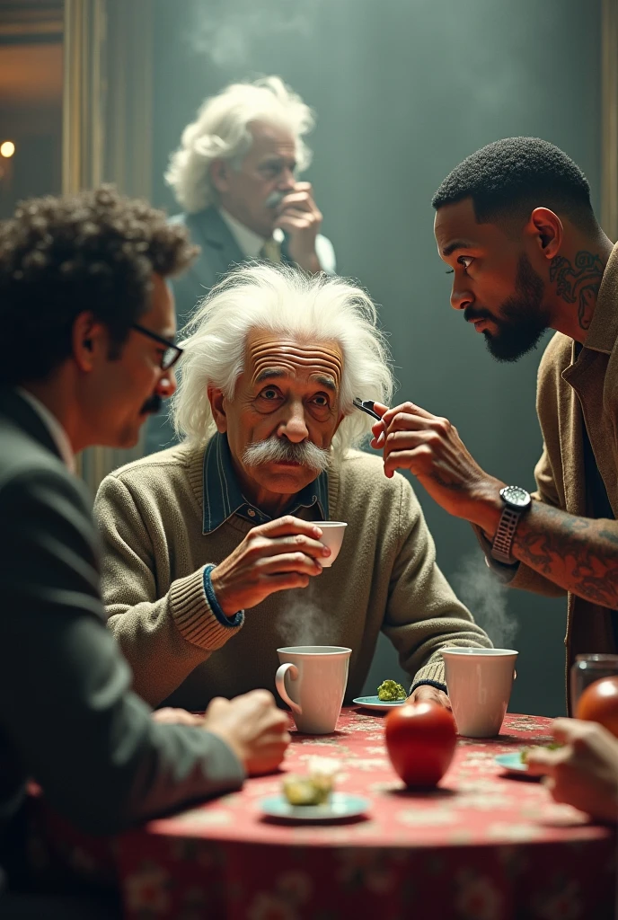 Draw Einstein drinking coffee with canserbero, While Will Smith cuts ...
