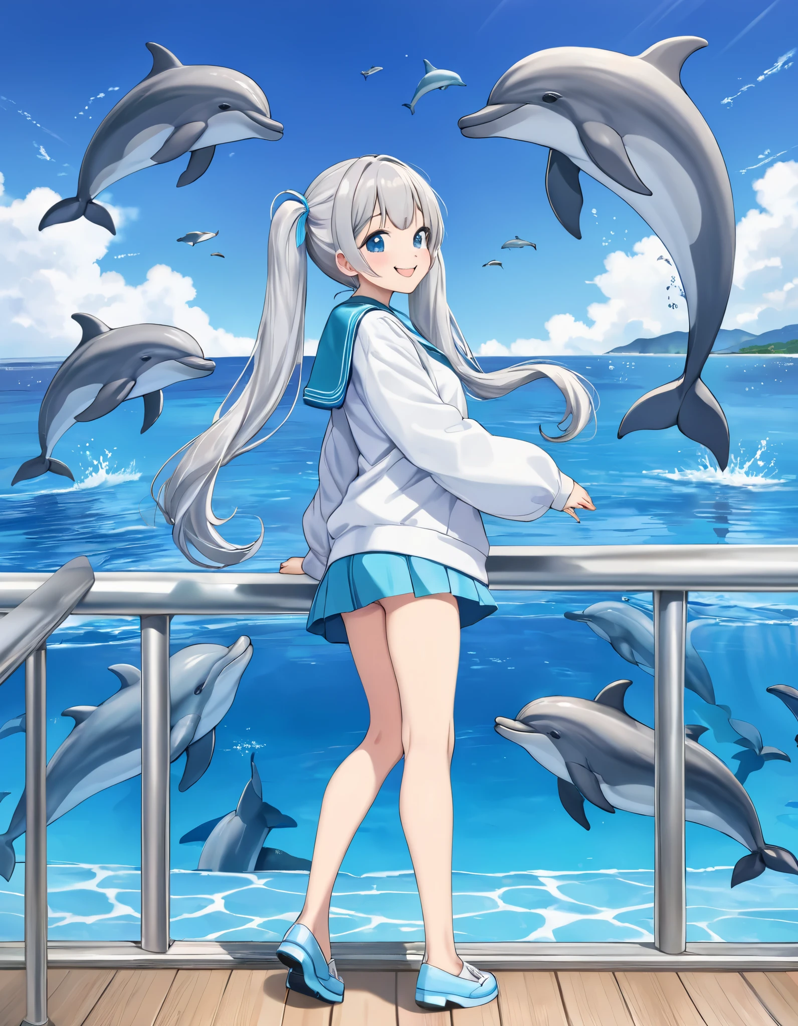 Anime girl with long white hair and blue skirt standing on a deck with ...