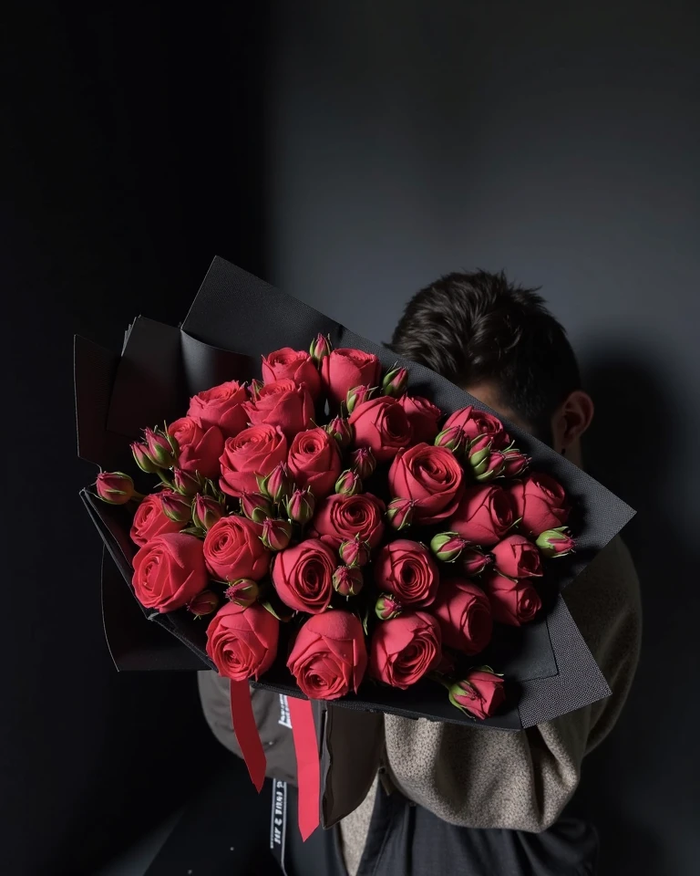 He holds red rose buds in his hand - SeaArt AI