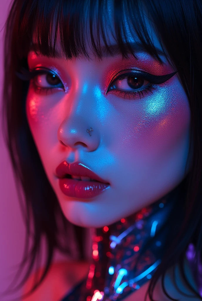 80’s glam rock makeup on shiny android face, anime, 2.5D, Glittery face ...