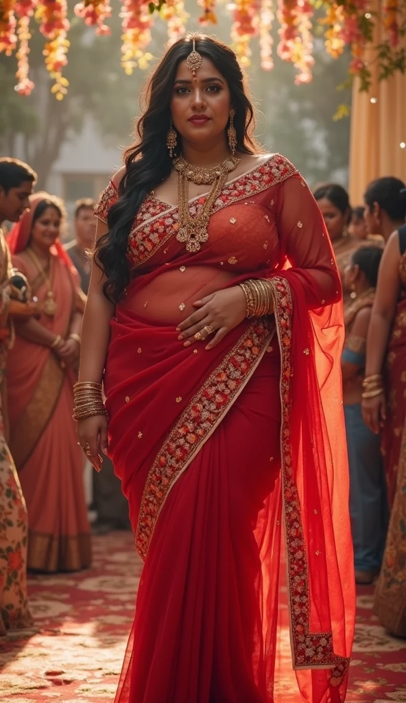 Realistic Indian Plus size married women wears a red transparent saree ...