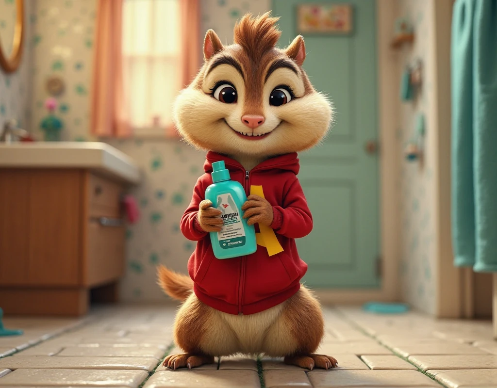 Alvin from the Chipmunks movie, 4K, In the bathroom, holding a shapoo ...