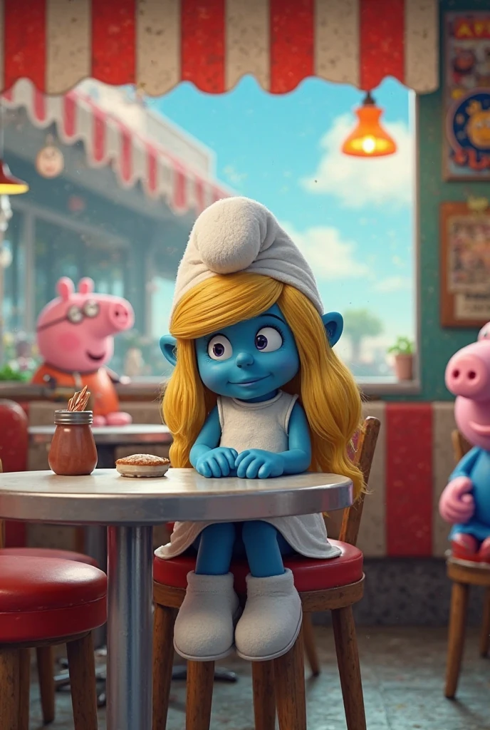 Smurfette sit in chair on table at Krusty krab . I gald you like it ...