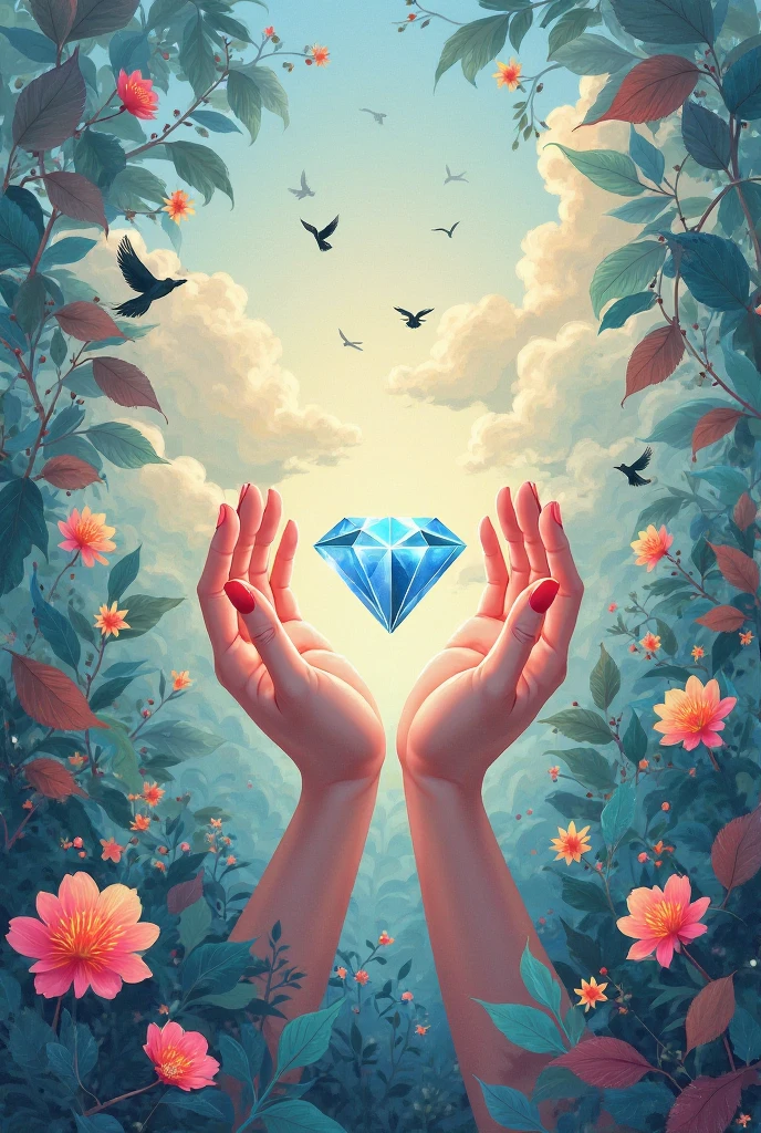 Illustration with the following elements: clouds, birds, hands - SeaArt AI
