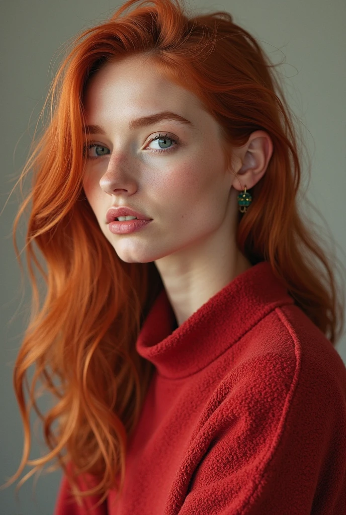 Human, Woman, red-haired, wearing a red fleece sweatshirt - SeaArt AI