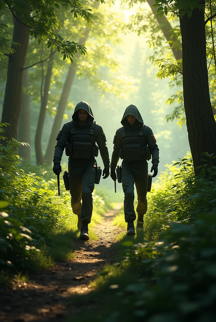 Valorant Omen and Cypher roam daytime in a forest. - SeaArt AI