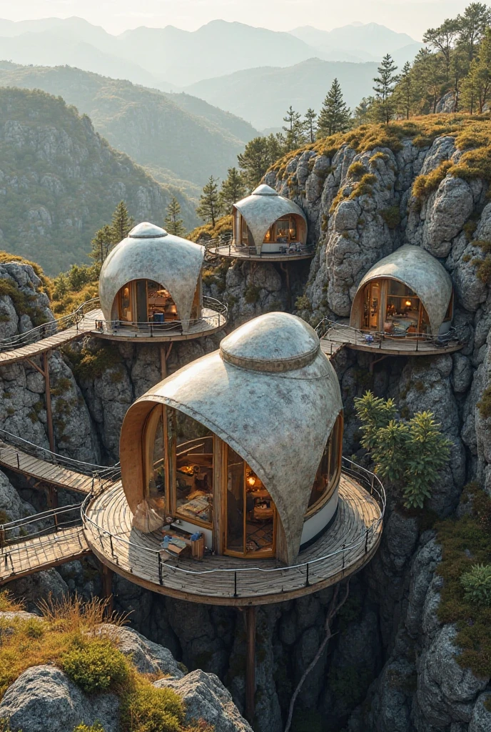 A glamplin with an oval roof that is on an elevated surface because the terrain - SeaArt AI