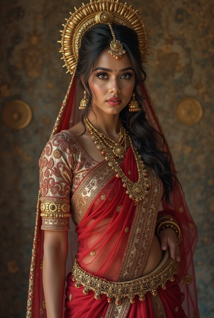 A woman in a sari posing for a picture, indian goddess, traditional ...