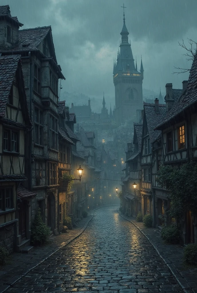 An ancient city in medieval Europe. the rainy night. cloudy. dark ...
