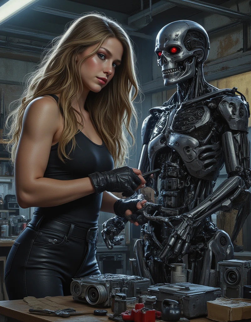 A fit muscled bodybuilder and athletic Female Mechanic tinkering The ...