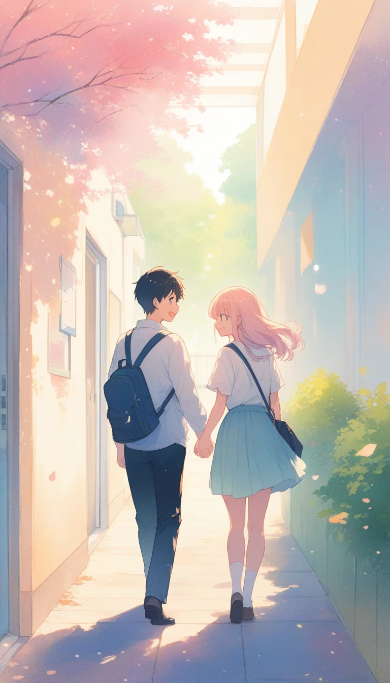 A heartwarming anime-style illustration in soft, romantic pastels with ...