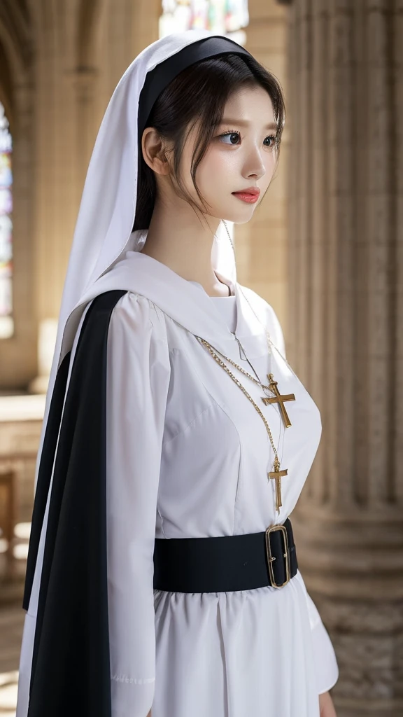 "A beautiful young woman dressed as a nun, standing inside a large ...