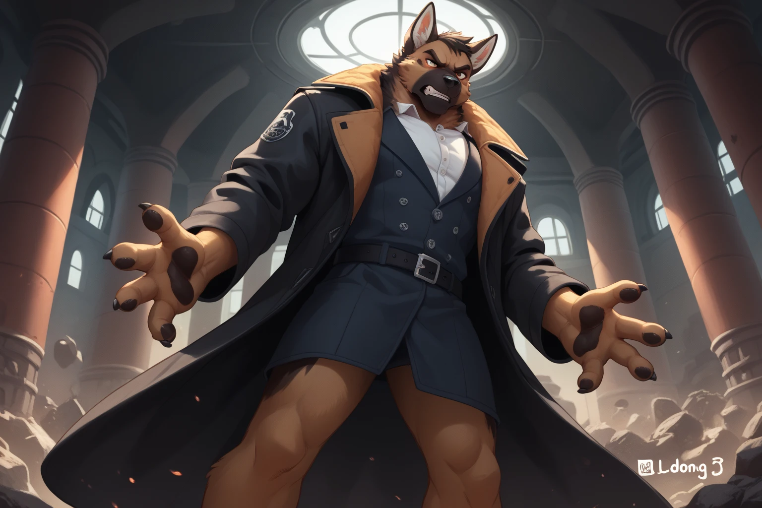 German Shepherd, (black long coat:1.5), furry hands, Fierce expression ...