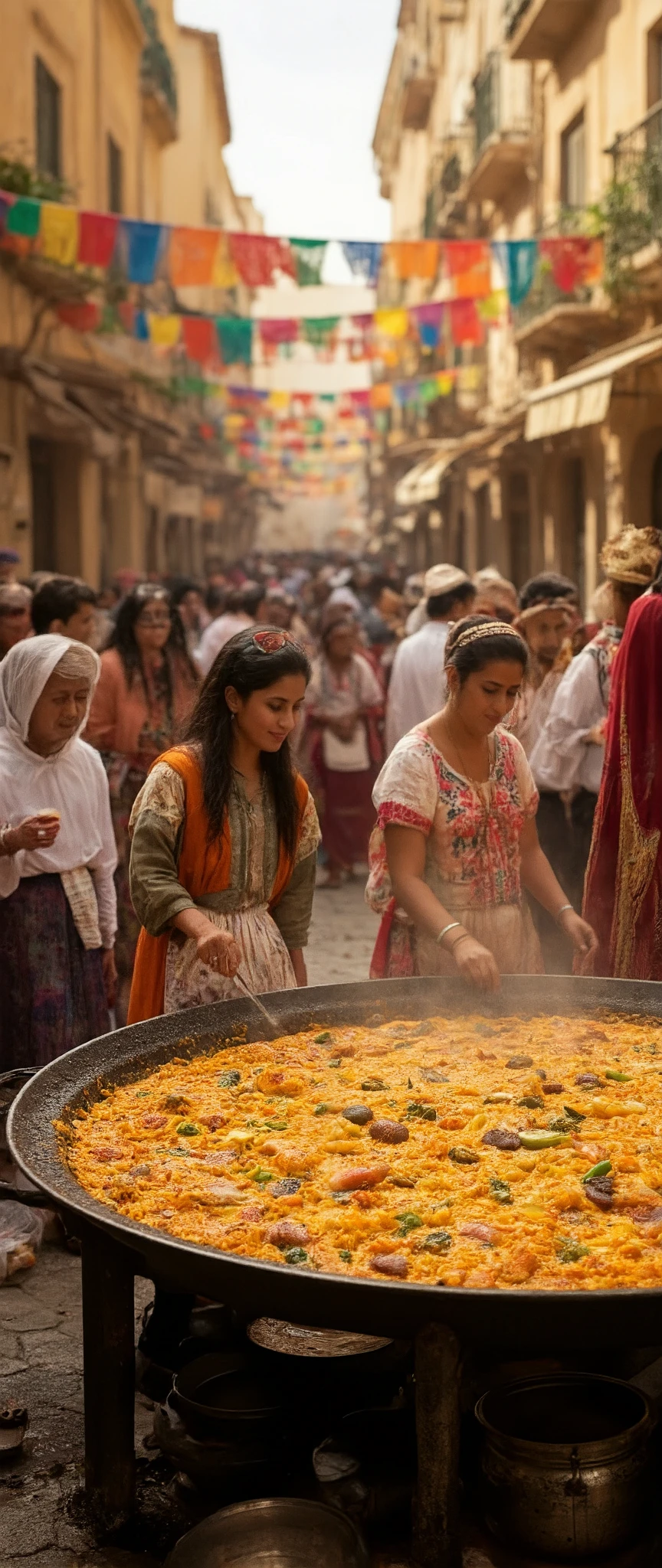 People standing around a large pan of food on a street - SeaArt AI