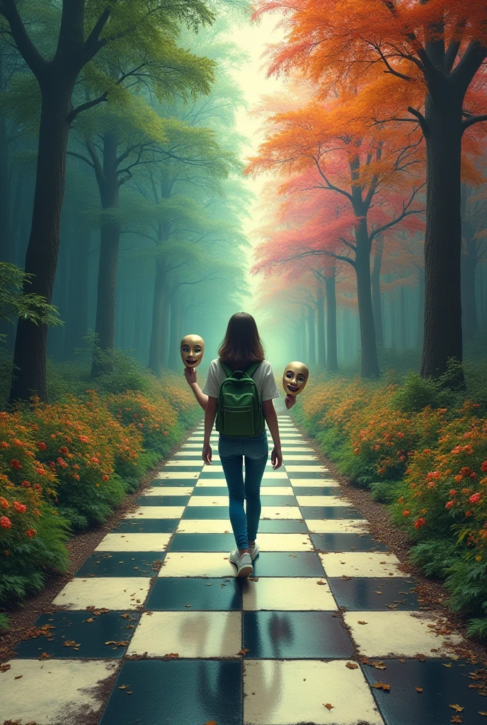The image depicts a young woman walking along a checkerboard path ...
