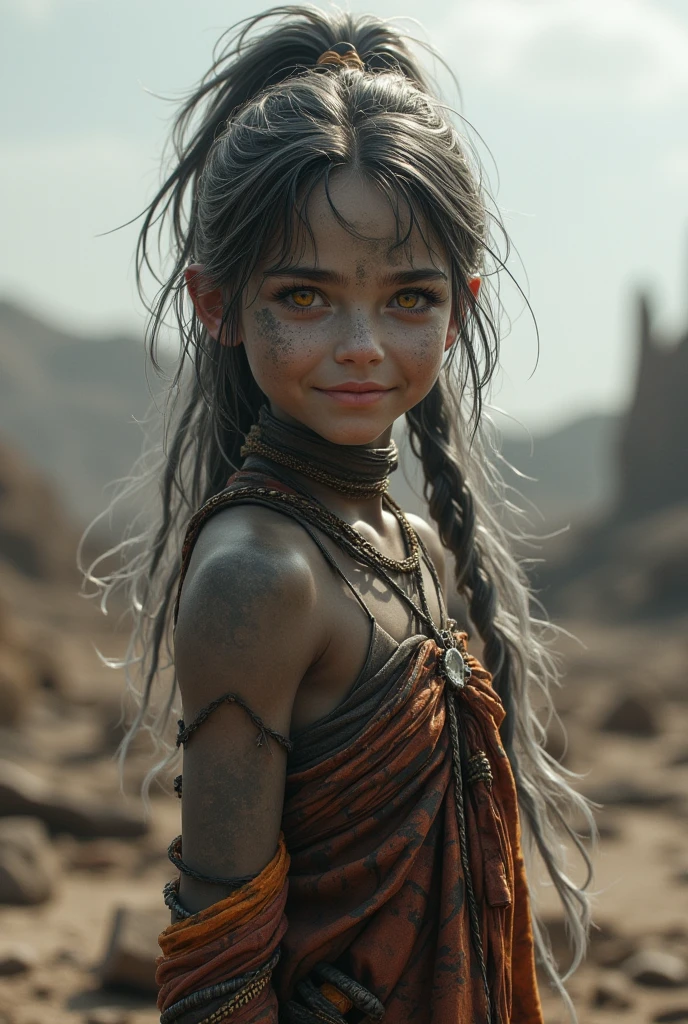 A realsitic young girl, a gray pale skin tone (in all his body and face ...