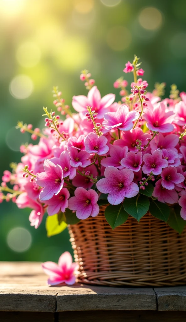 A charming basket of fuchsia and pink of beautiful flowers. In the ...