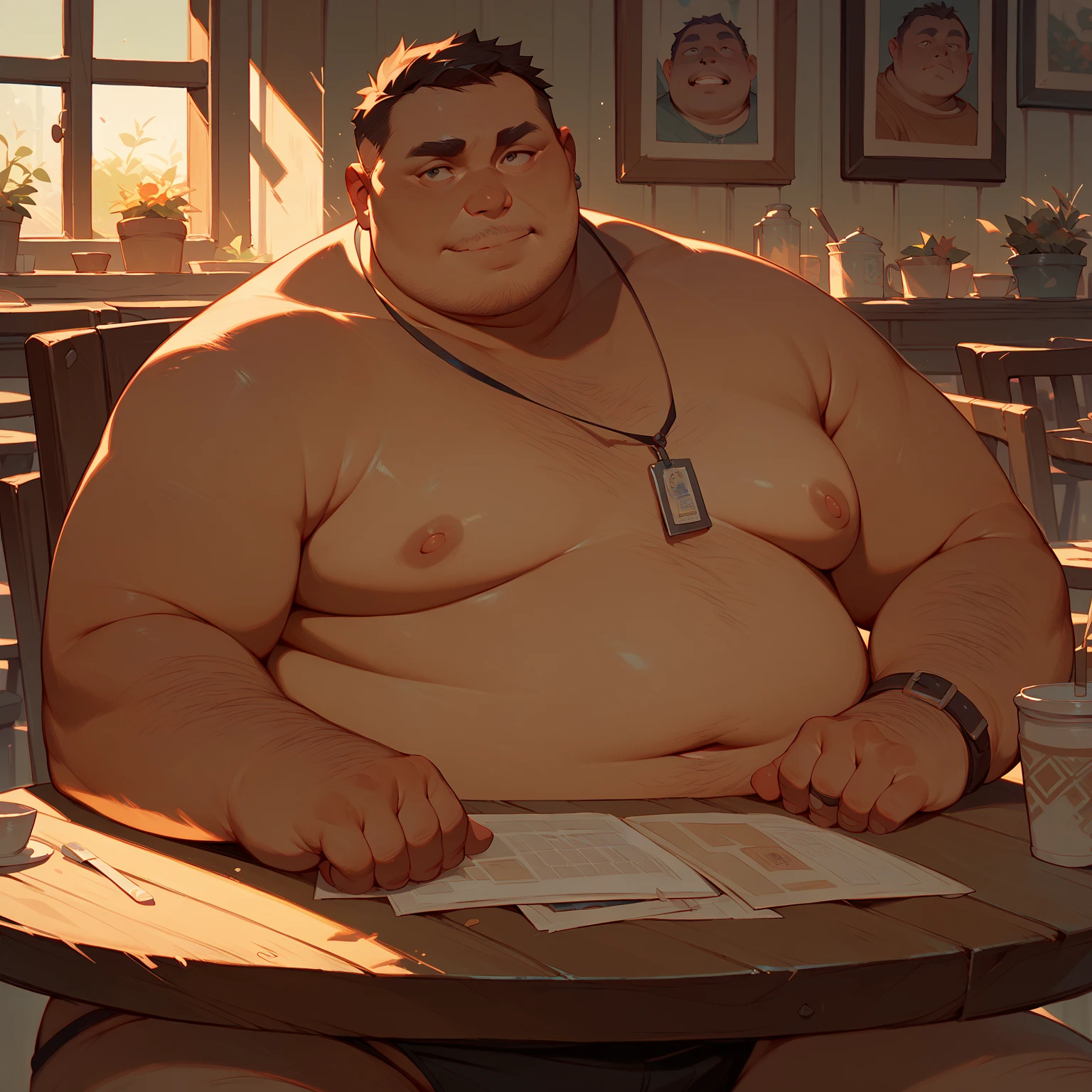Overweight，chubby，fat man，hefty，Elder ，Thong，on the table。 - SeaArt AI