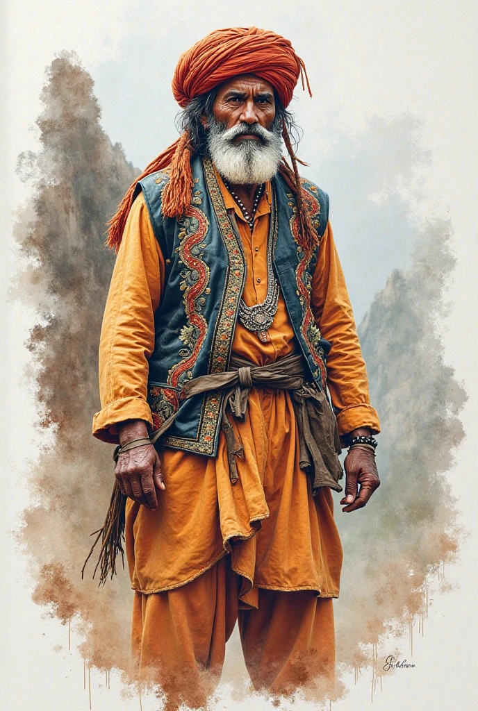 A watercolour painting of a tribal Pathan wears a traditional dress ...