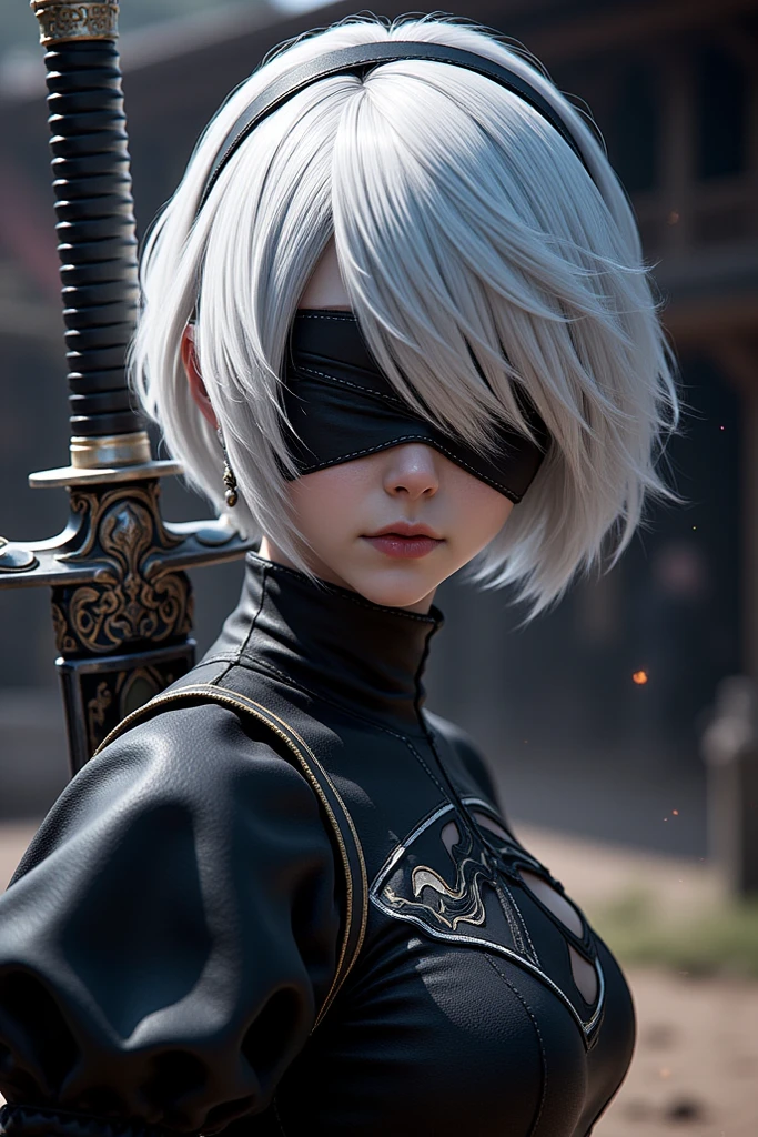 Female Warrior Fighting on the Battlefield、 Silver Hair、eye mask ...