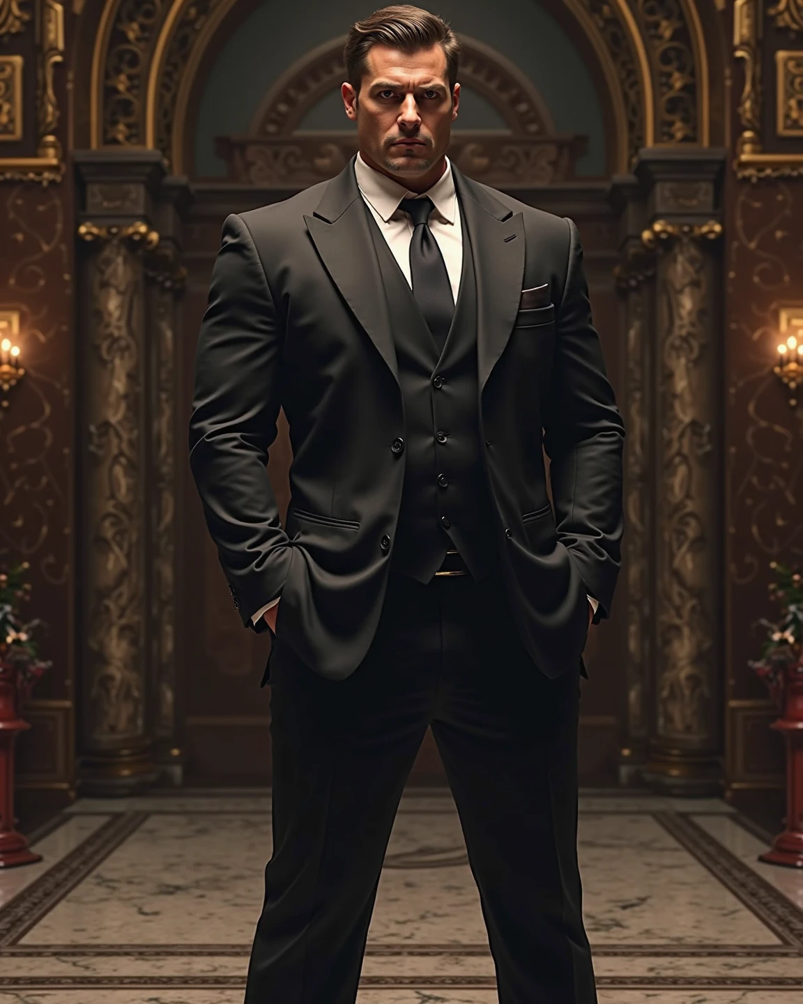 Big macho tall bodyguard put hands in pockets。Hall々Stand - SeaArt AI