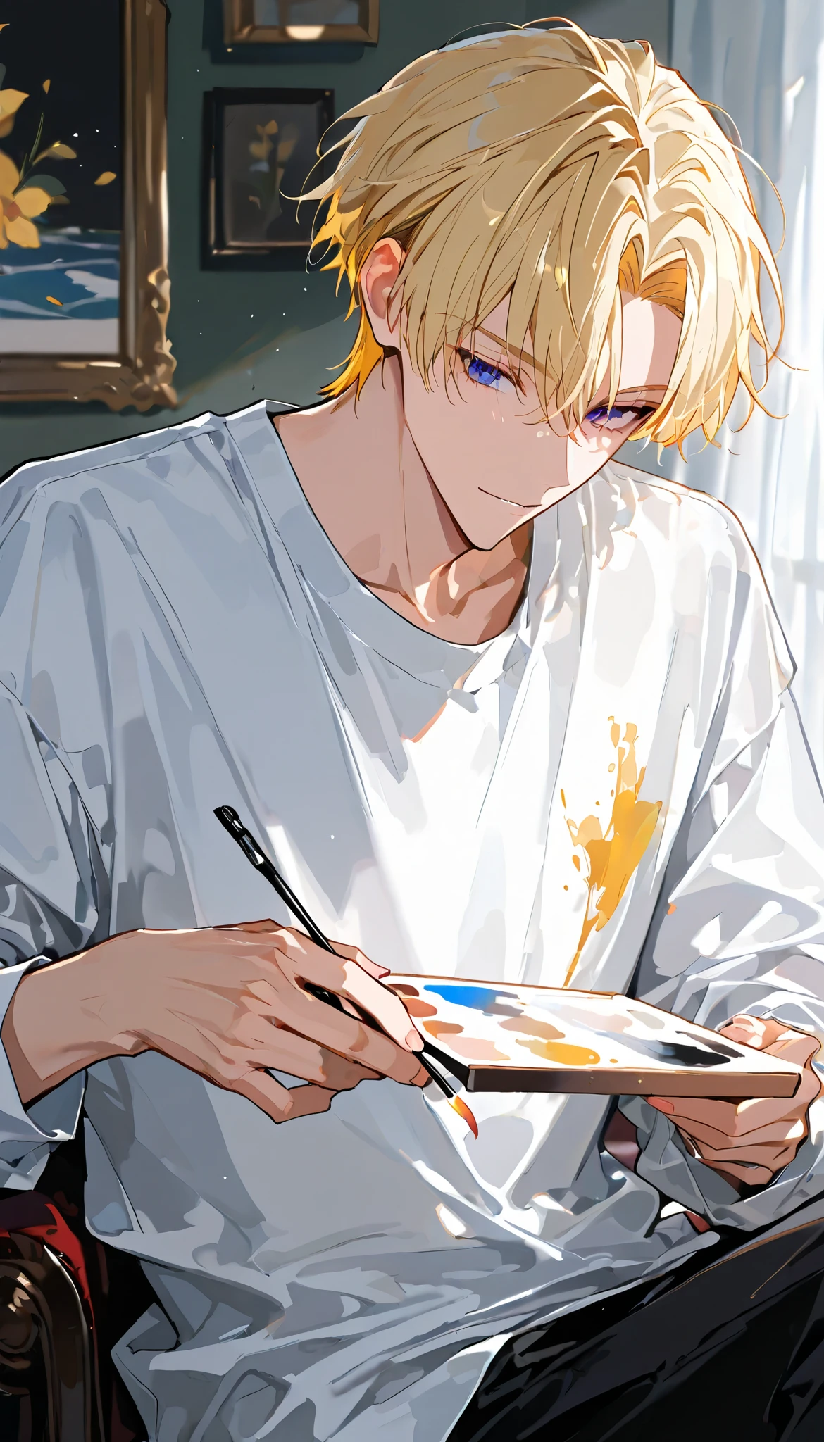 Anime boy with blonde hair and blue eyes sitting in a chair - SeaArt AI