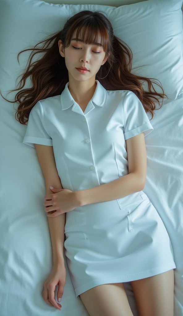 A pretty Japanese woman is laying unconscious on the bed, bound wrists ...
