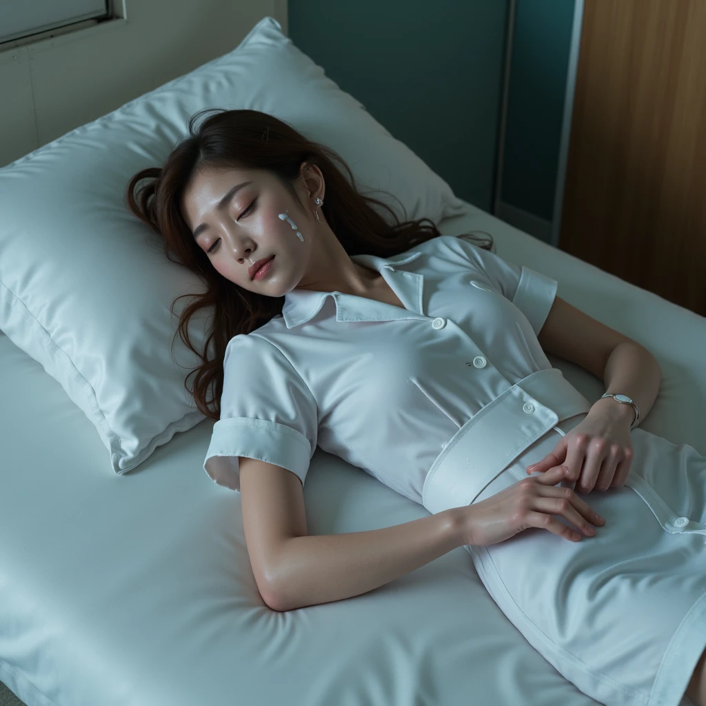 A pretty Japanese woman is laying unconscious on the bed, both arms ...