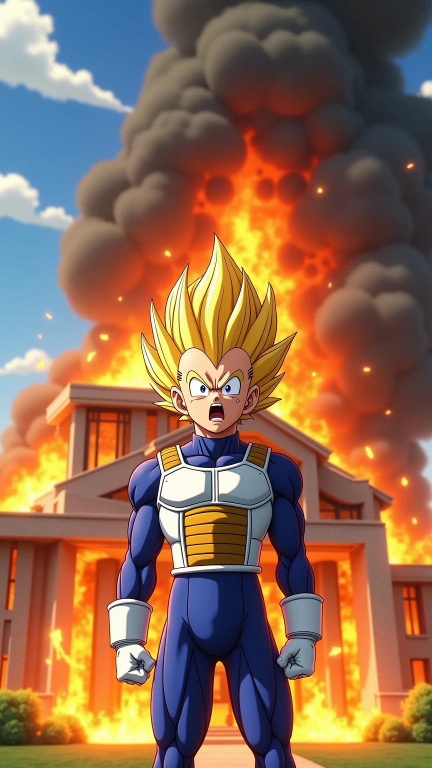 "A high-quality 3D animated scene of Vegeta standing outside a ...