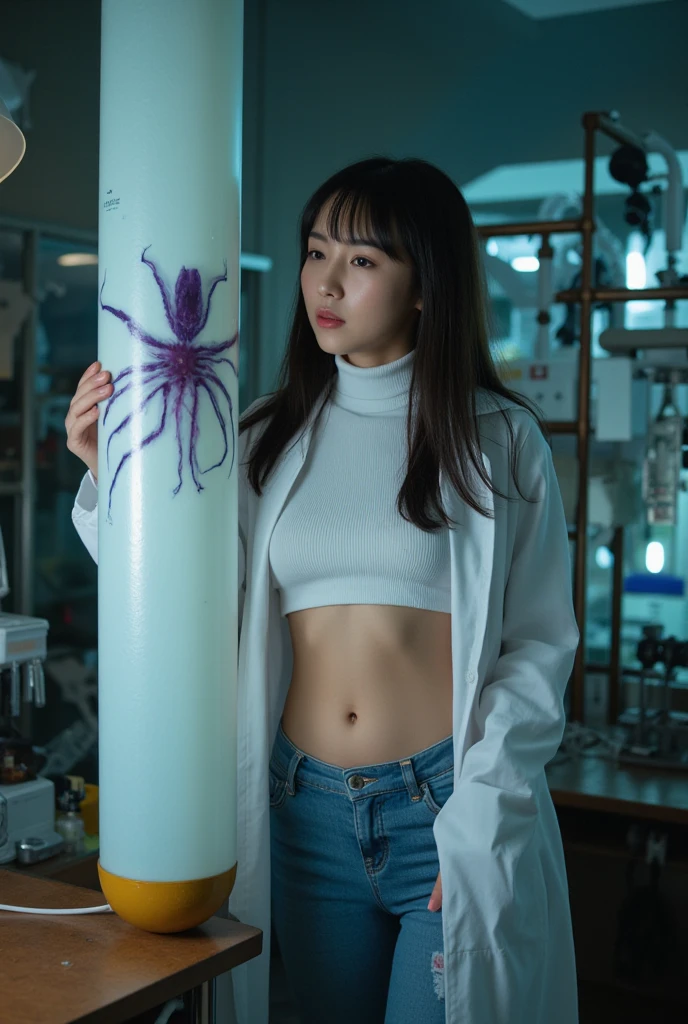 In a lab with Giant specimen tube containning a monster, a cute ...