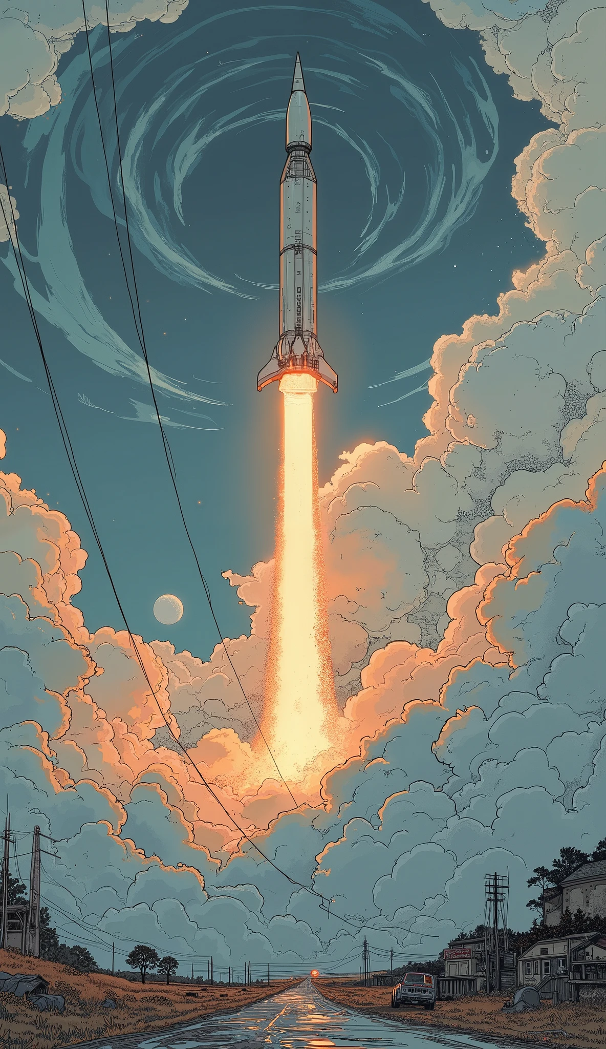 Illustration of a rocket launching into the sky with a cloud filled sky ...