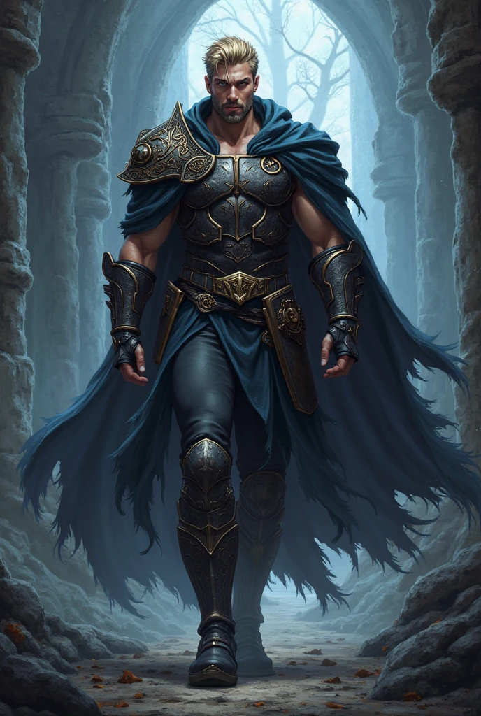 A sexy male warrior, with dark blonde hair and goatee. He has blue eyes ...