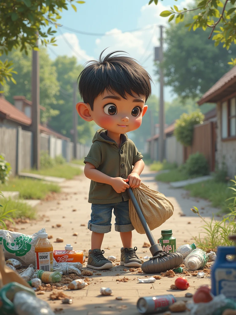 boy picking up trash in front of him - SeaArt AI