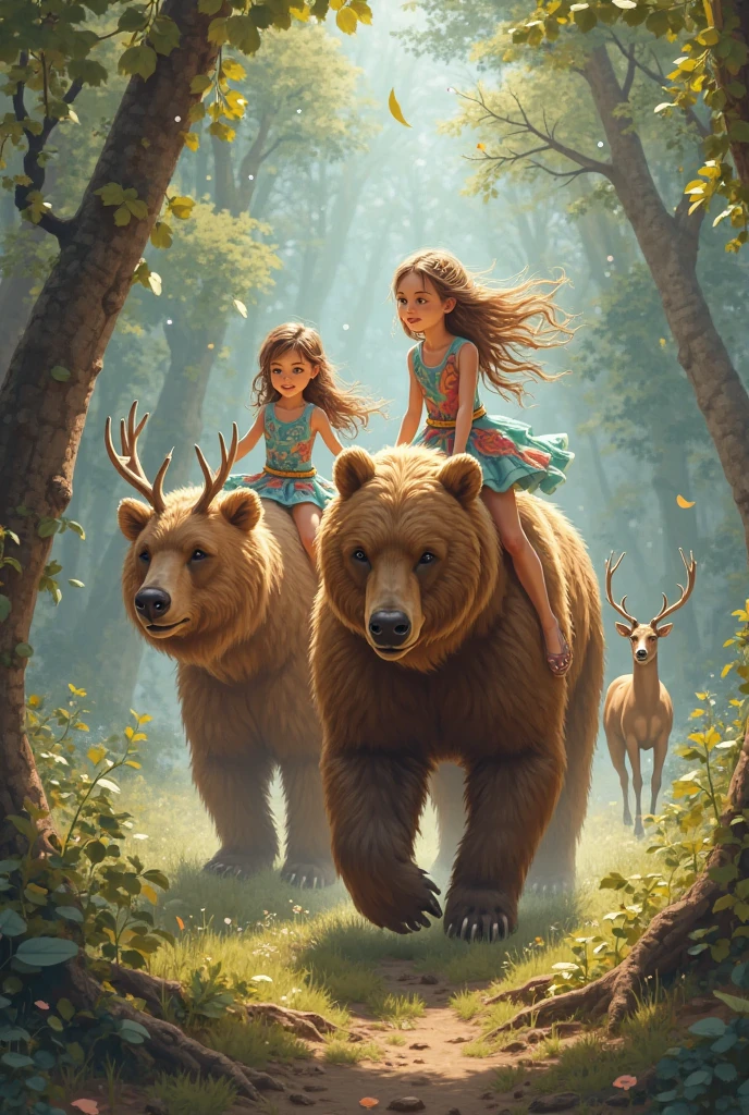 2 girls and deer ride bears - SeaArt AI