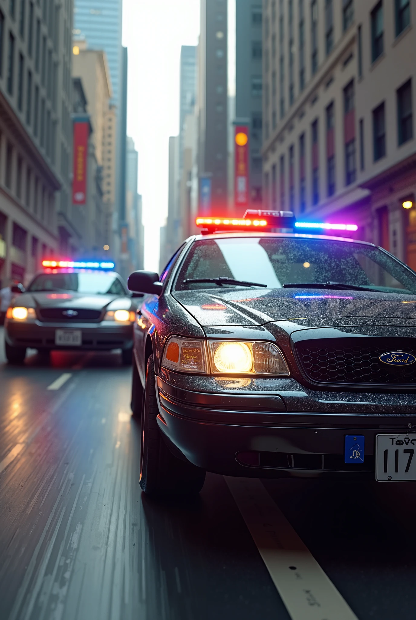 Cars driving down a city street with police lights on - SeaArt AI