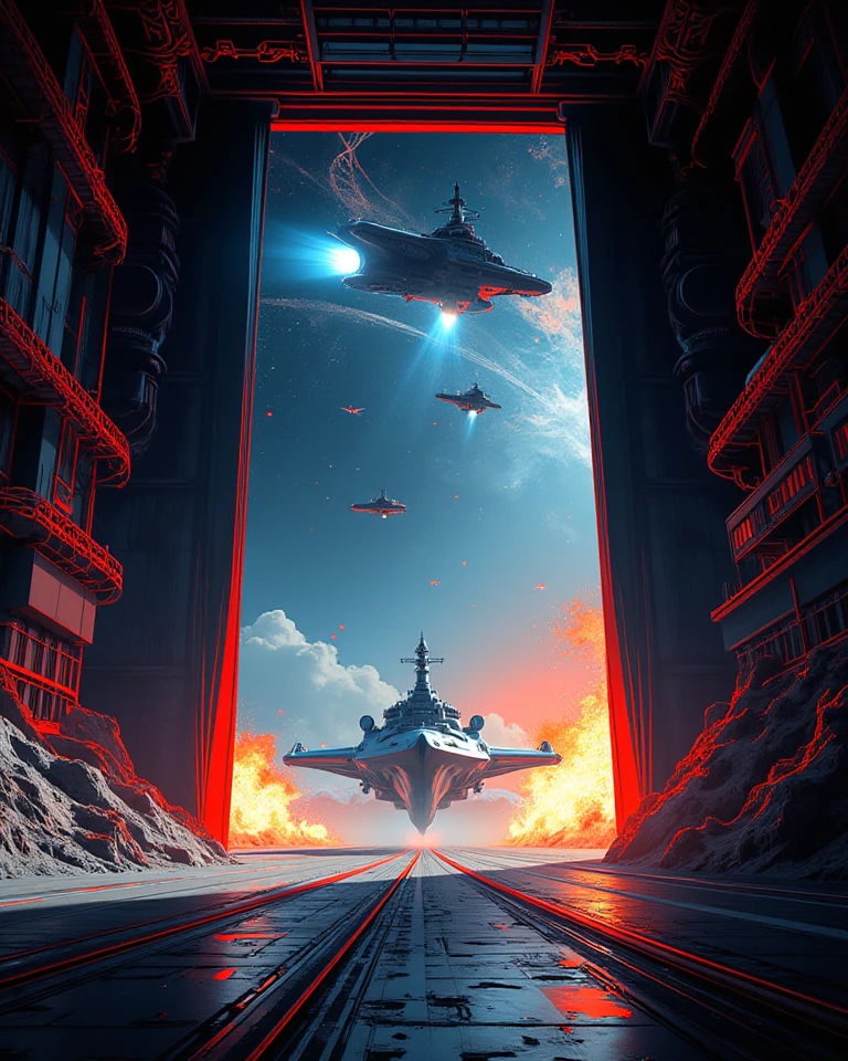 (BST quality , masterpiece:1 . 2), inside a huge hangar of a land ...