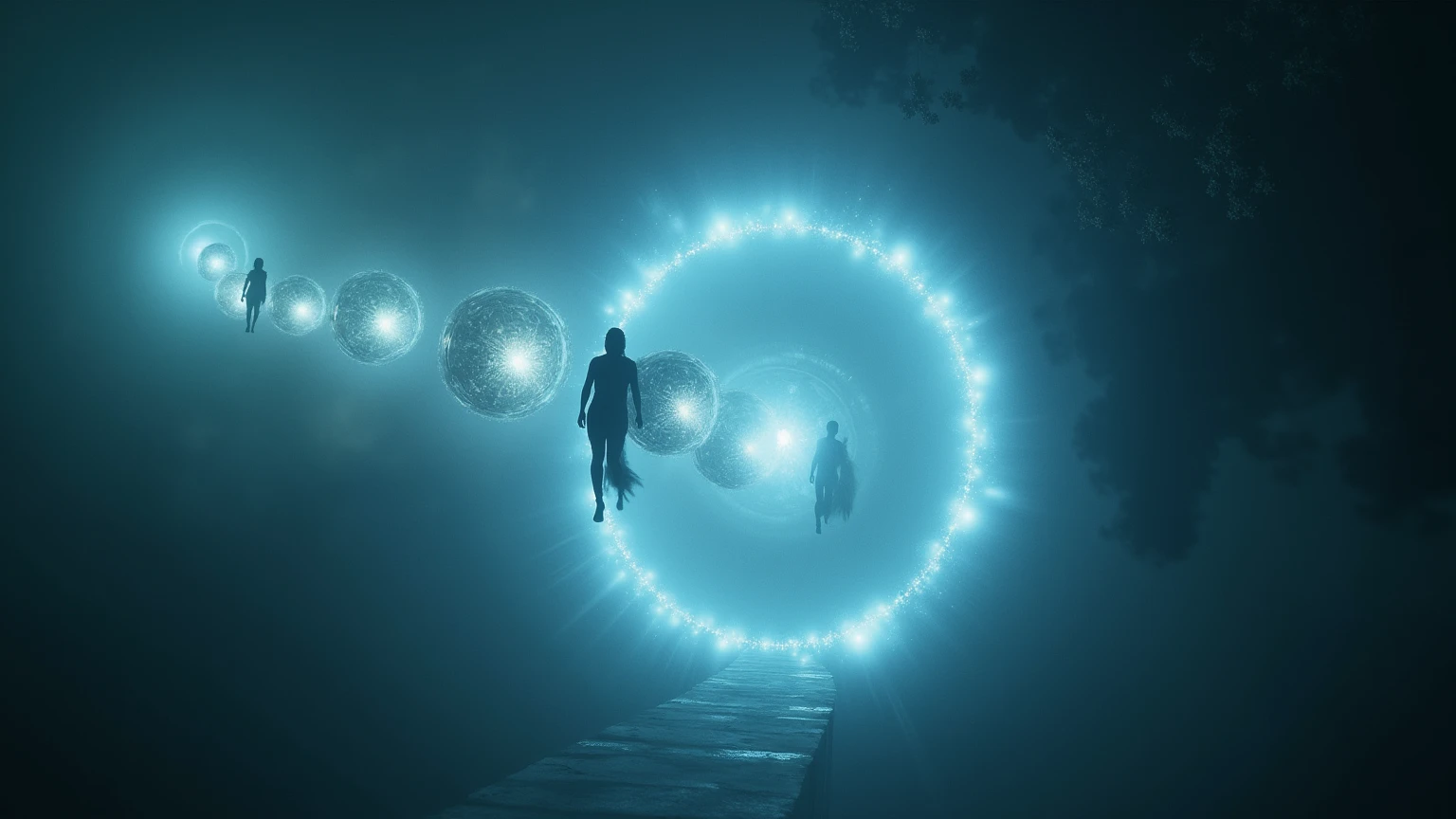 "Cinematic film still, a procession of souls, each one a glowing ...